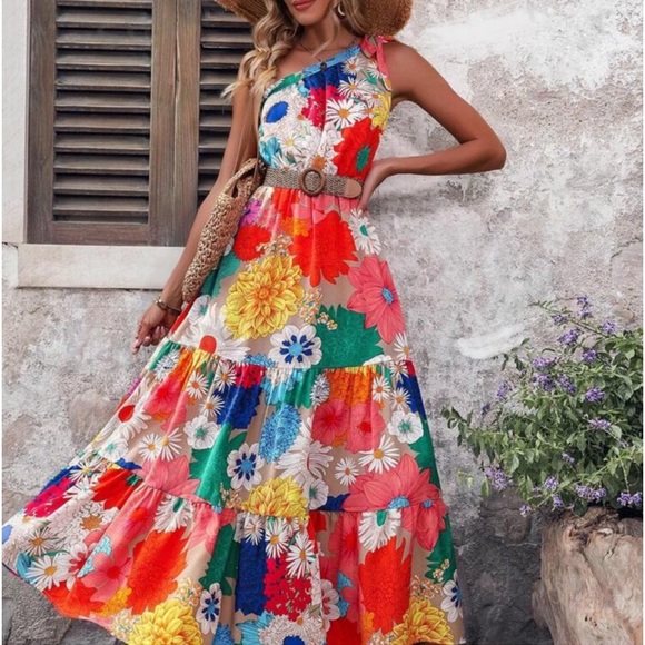 Dresses | Boho Water Color Abstract Print One Off Shoulder Tie Maxi ...